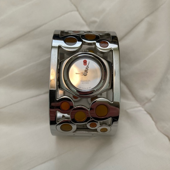 Swatch | Accessories | Swatch Silver And Orange Accent Watch Metal Cuff ...
